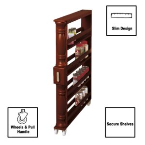 The Lakeside Collection Slim 4 Tier Walnut Wooden Storage Rack Cart on Wheels for Small Spaces, Kitchen, Bathroom Laundry Room Organization