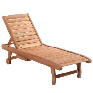 outsunny chaise lounge chair outdoor wooden pool lounge chair with 3-level adjustable backrest, built-in table and rolling wheels, sun tanning chair for beach poolside sunbathing, brown red