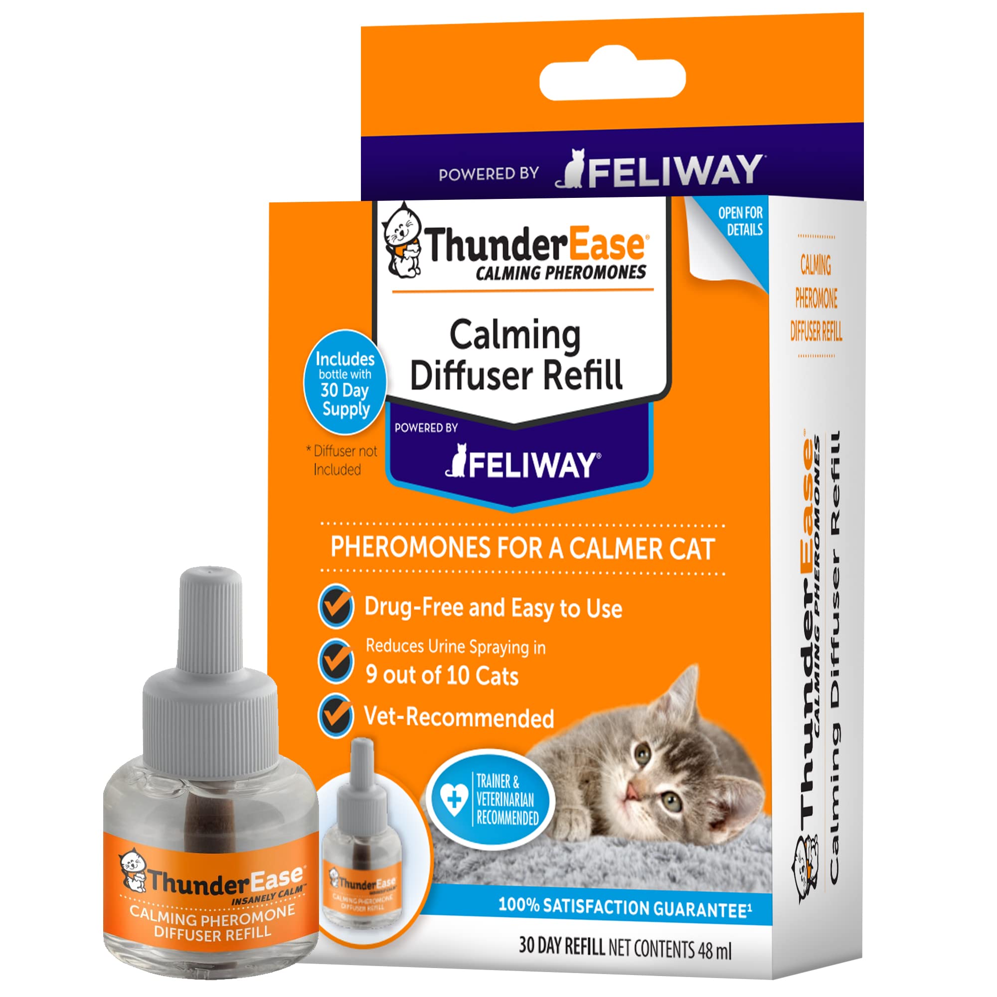 ThunderEase Cat Calming Pheromone Diffuser Refill | Powered by FELIWAY | Reduce Scratching, Urine Spraying, Marking, and Anxiety (30 Day Supply)