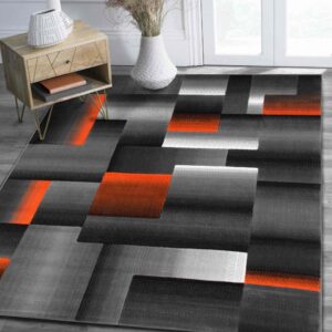 hr 8’ x 10’ rug in electric orange - premium quality orange/black/gray abstract geometric modern squares pattern area rug - contemporary styling for living room, bedroom - unique home decor