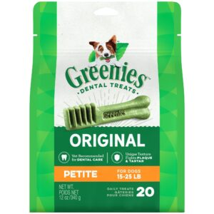 greenies stick form dental chews with original flavor, vet-recommended to combat plaque and tartar build-up for petite 15 to 25 lb dogs (20 chews)