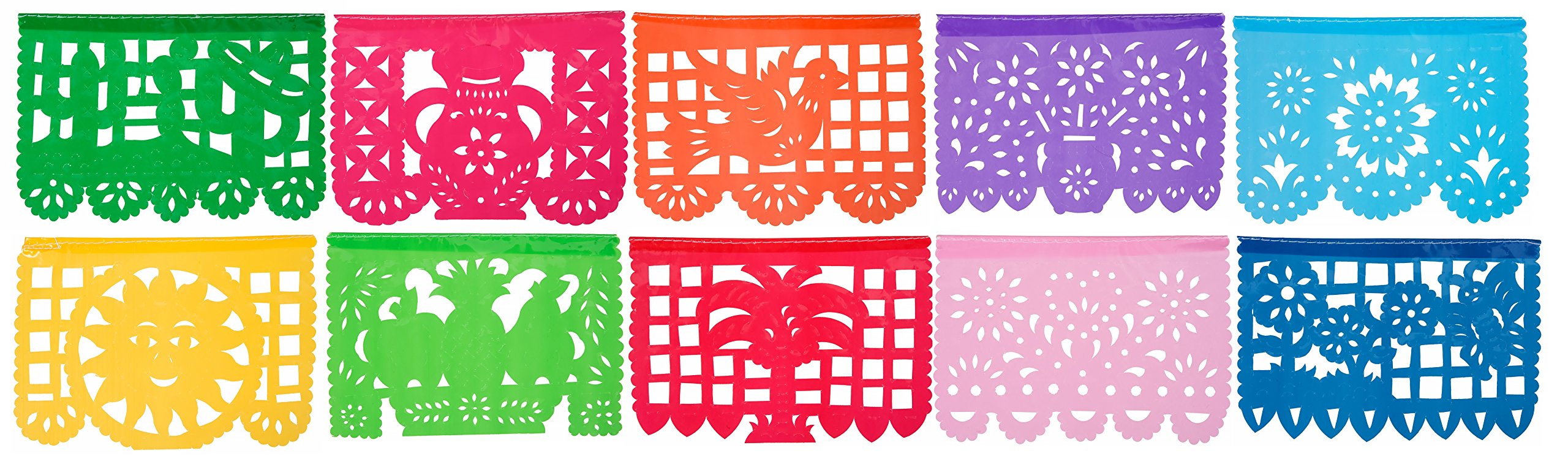 Paper Full of Wishes Small Plastic Papel Picado Banner El Jardin with 10 Plastic Panels - Over 6 feet Long Designs and Colors as Pictured