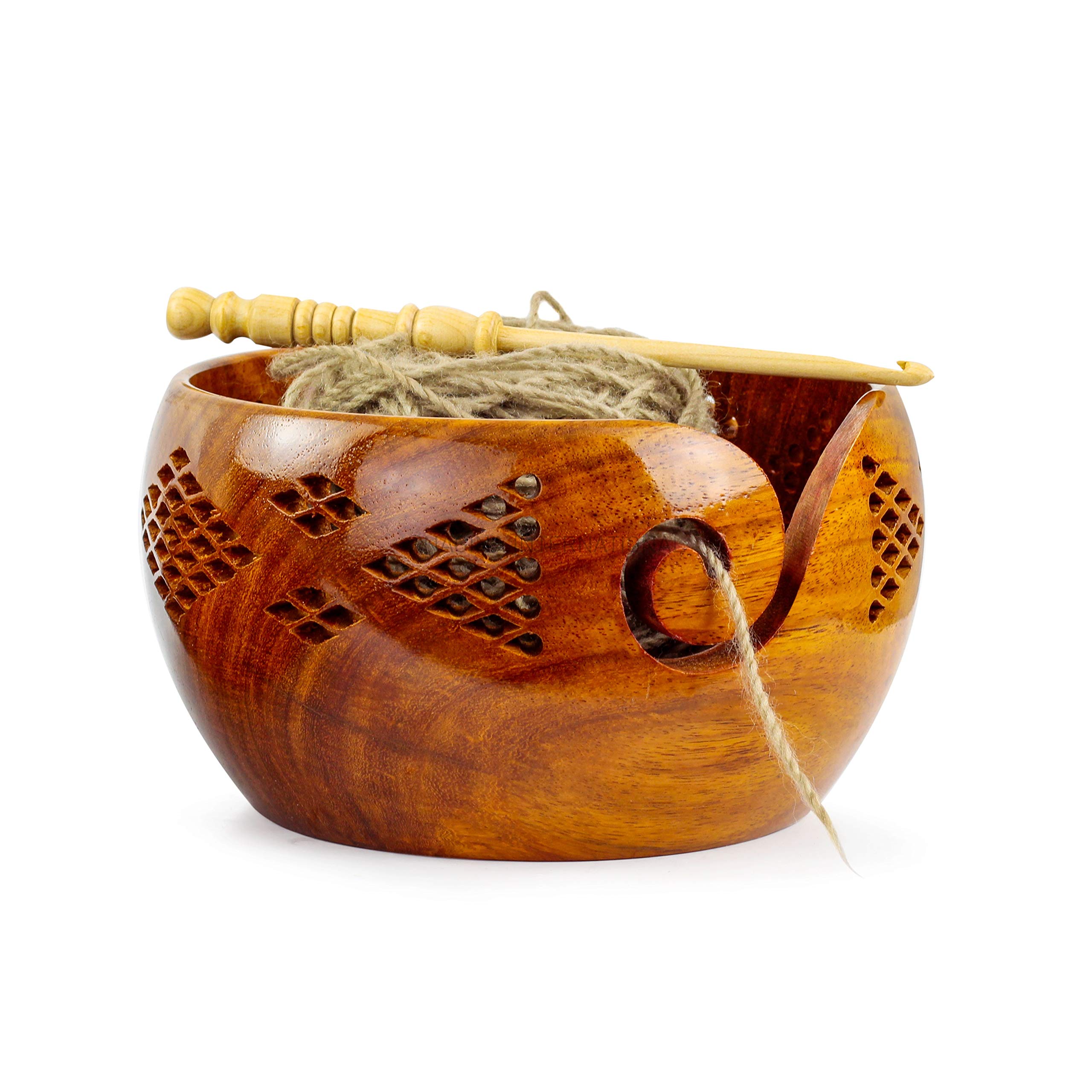 Nagina International Premium Rosewood Crafted Yarn Storage Bowls With Decorative Carved Handmade Grills - Knitting & Crochet Accessories Supplies (Large)