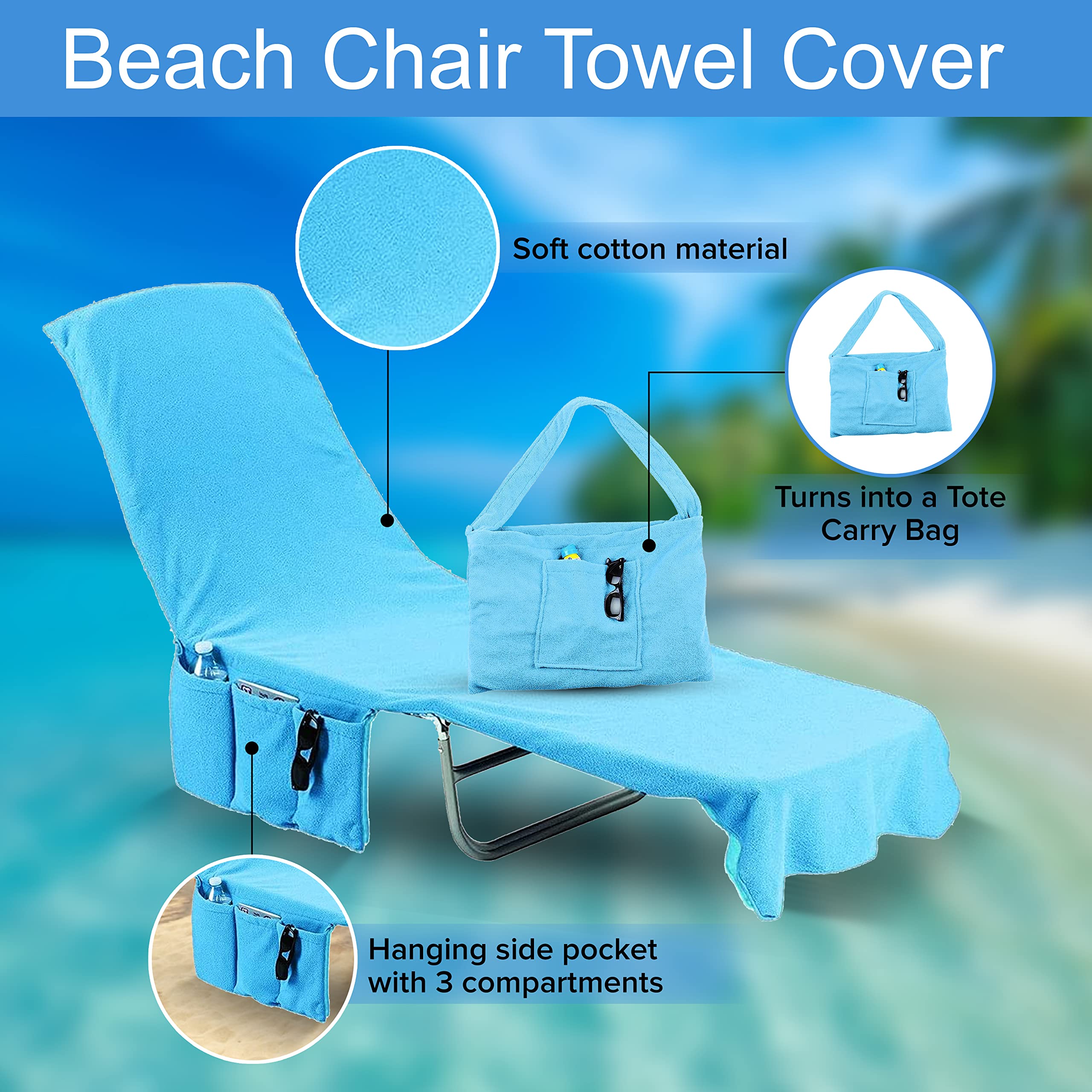 Kovot Beach Chair Towel Cover – Super Absorbent and Soft – Chaise Lounge Chair Towel Cover with Pockets – 84 x 26 Inches Light Blue Quick Drying Tanning Towel Cover – 2 Pack