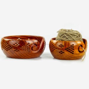 Nagina International Premium Rosewood Crafted Yarn Storage Bowls With Decorative Carved Handmade Grills - Knitting & Crochet Accessories Supplies (Large)