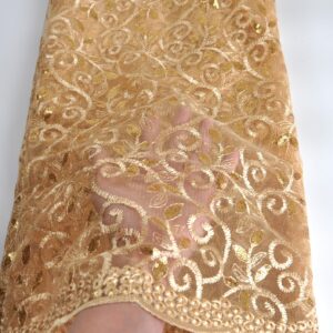 SanVera17 African Lace Net Fabrics Nigerian French Fabric Embroidered and Sequins Leaves for Party Wedding 5 Yards (Gold)