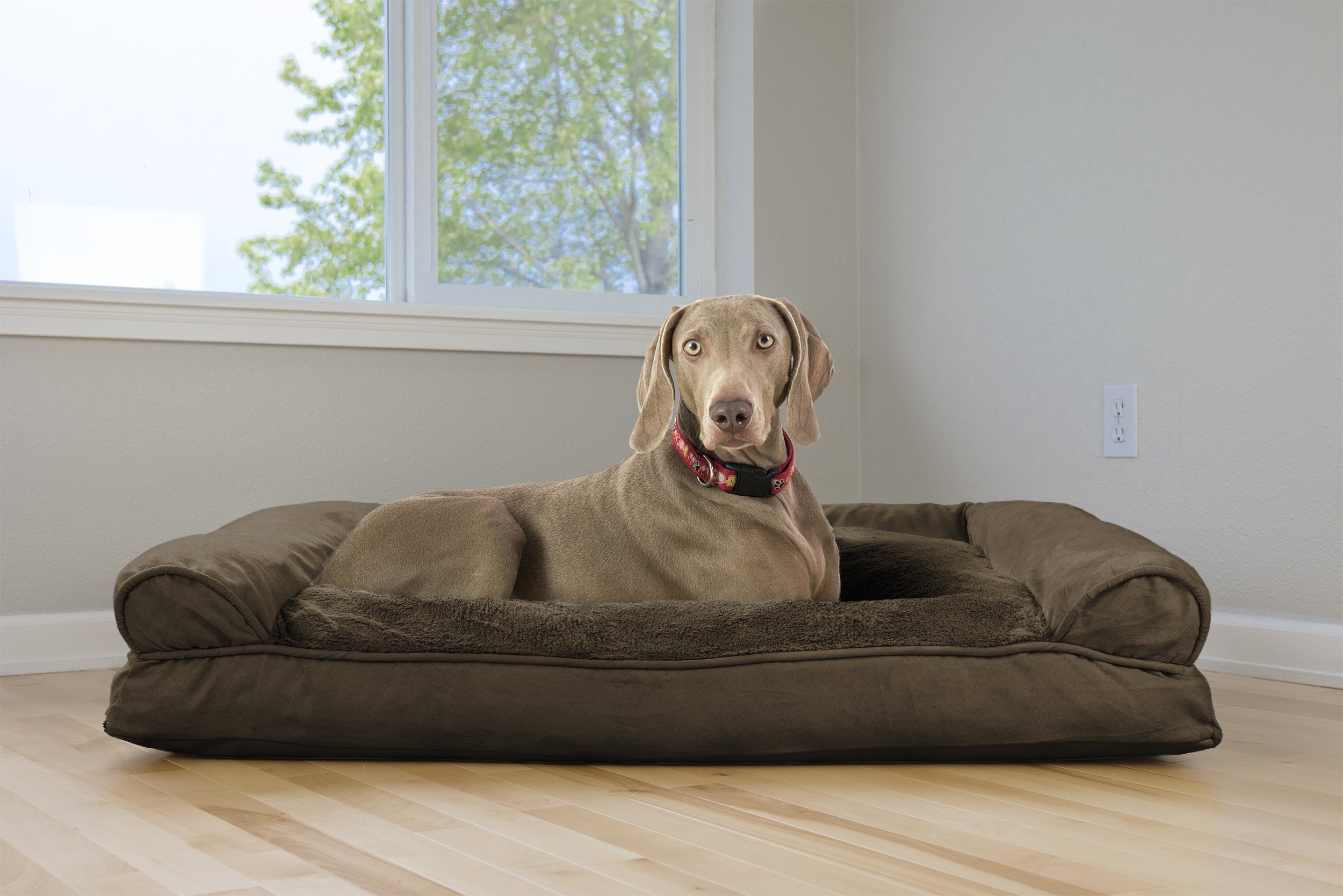 Furhaven Pillow Dog Bed for Large Dogs w/ Removable Bolsters & Washable Cover - Plush & Suede Sofa - Espresso, Jumbo/XL