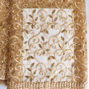 SanVera17 African Lace Net Fabrics Nigerian French Fabric Embroidered and Sequins Leaves for Party Wedding 5 Yards (Gold)