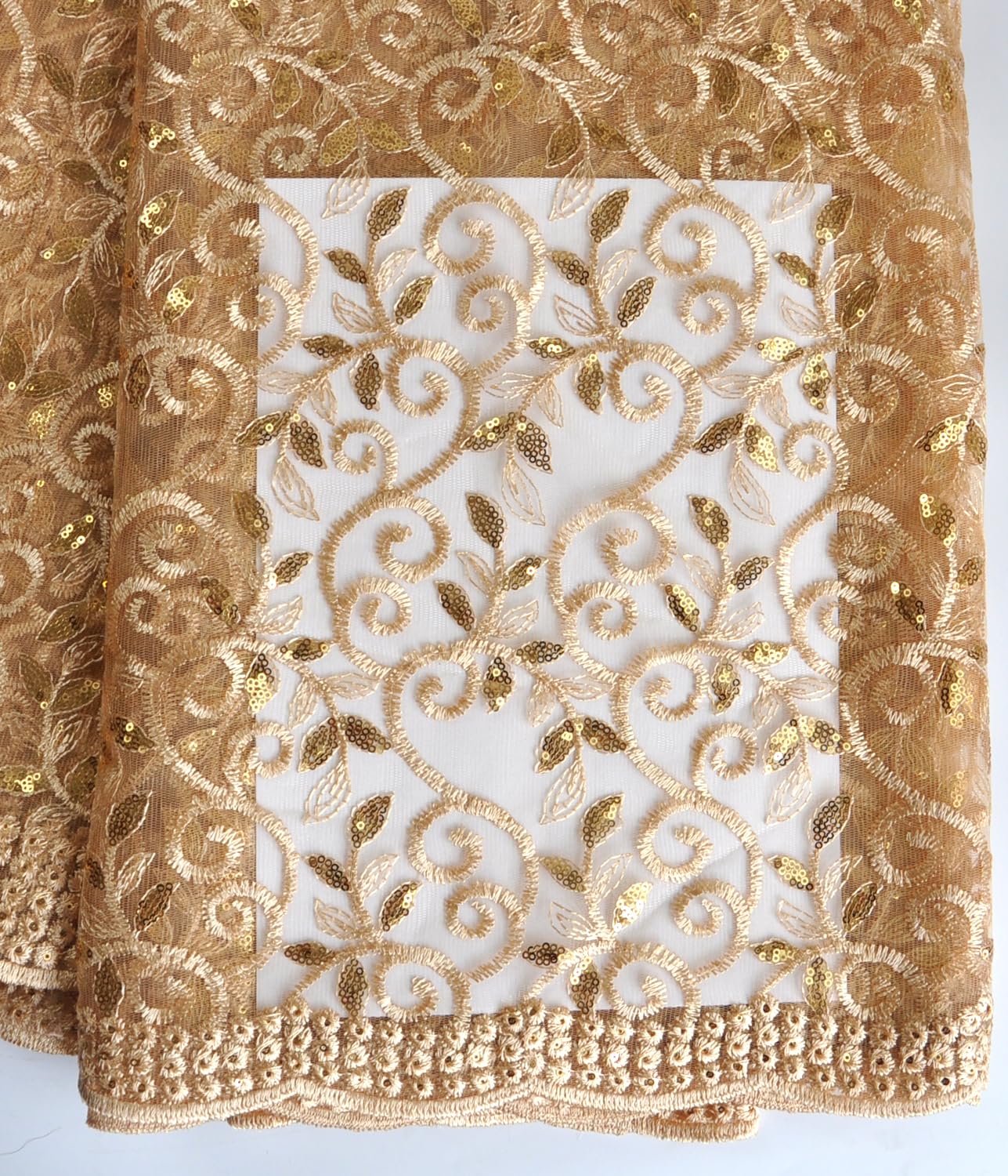 SanVera17 African Lace Net Fabrics Nigerian French Fabric Embroidered and Sequins Leaves for Party Wedding 5 Yards (Gold)