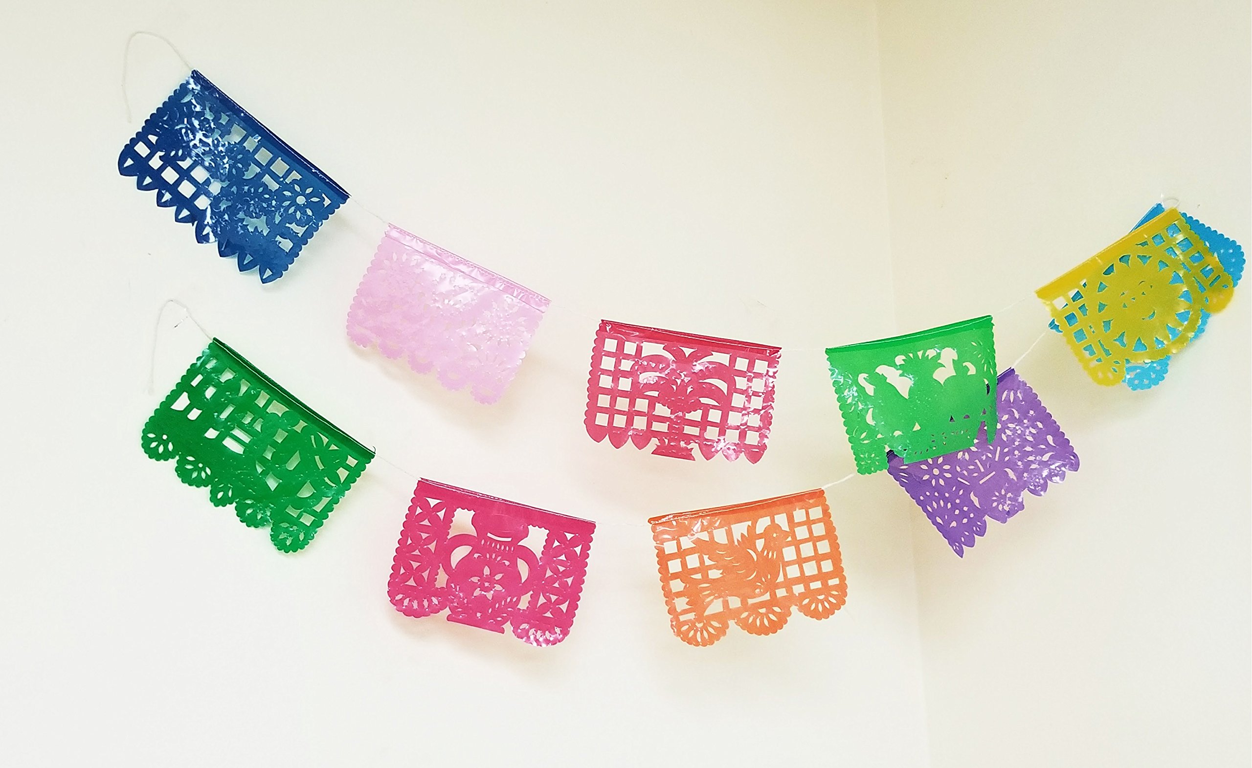 Paper Full of Wishes Small Plastic Papel Picado Banner El Jardin with 10 Plastic Panels - Over 6 feet Long Designs and Colors as Pictured