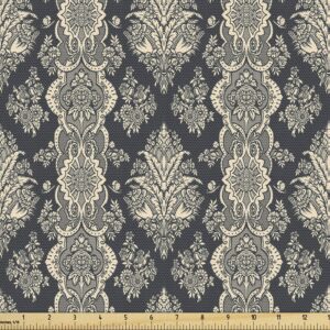 ambesonne damask fabric by the yard, victorian style baroque classic pattern with ornamental floral leaves image, decorative fabric for upholstery and home accents, charcoal grey cream