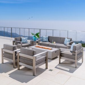 patio furniture ~ 5 piece light gray outdoor patio chair and sofa set with propane (gas) fire table (pit) and khaki cushions