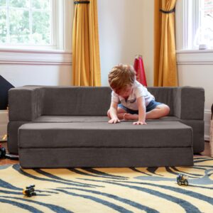 Jaxx Zipline Kids Sofa & Large Ottoman 3 in 1 Fold Out Sofa, Big Kids Edition Charcoal