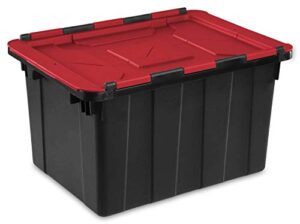 sterilite 12 gal hinged lid industrial tote, stackable storage bin with hinge lid, plastic container to organize basement, black with red lid, 1-pack