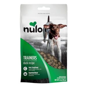 nulo freestyle trainers dog treats: grain free dog training treats - healthy low calorie treat reward for adult and puppy dogs - gluten free dog treat for any size or breed - duck recipe - 4 oz bag