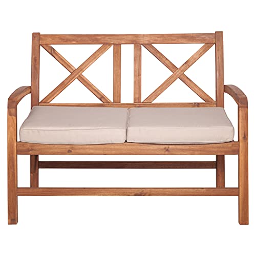 Walker Edison Delray Classic Acacia Wood X Back Patio Loveseat with Cushions, 40 Inch, Brown