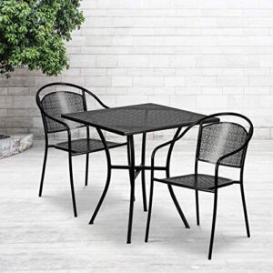 flash furniture commercial grade 28" square black indoor-outdoor steel patio table set with 2 round back chairs