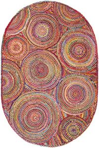 safavieh cape cod collection area rug - 5' x 8' oval, red & multi, handmade boho braided circles jute & cotton, ideal for high traffic areas in living room, bedroom (cap203a)