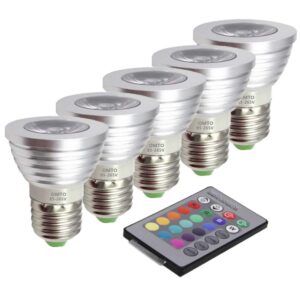 omto e26/e27 3w rgb color changing spotlight with ir remote control mood ambiance lighting colorful led light bulbs,dimmable 85-265v (pack of 5)