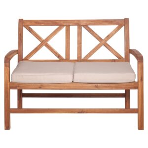 Walker Edison Delray Classic Acacia Wood X Back Patio Loveseat with Cushions, 40 Inch, Brown