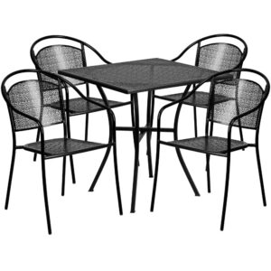 flash furniture oia commercial grade 28" square black indoor-outdoor steel patio table set with 4 round back chairs