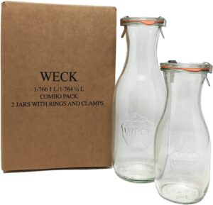 weck juice jar combo pack - (1) 766 1-liter jar (1) 764 1/2-liter jar with glass lids, rubber rings and steel clamps