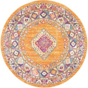 SAFAVIEH Madison Collection 6'7" Round Orange / Fuchsia MAD133D Boho Chic Medallion Non-Shedding Dining Room Entryway Foyer Living Room Bedroom Area Rug