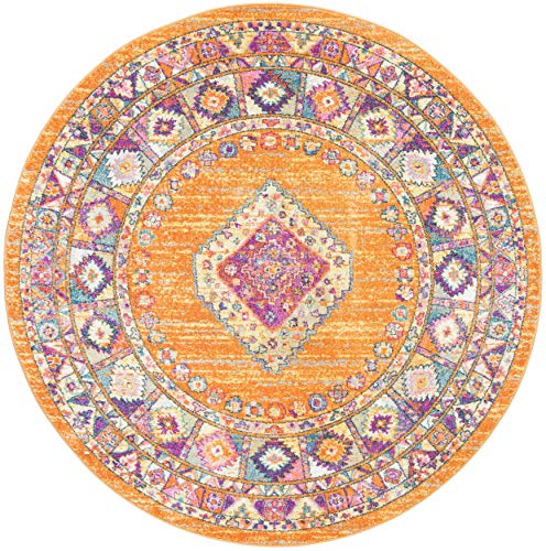 SAFAVIEH Madison Collection 6'7" Round Orange / Fuchsia MAD133D Boho Chic Medallion Non-Shedding Dining Room Entryway Foyer Living Room Bedroom Area Rug