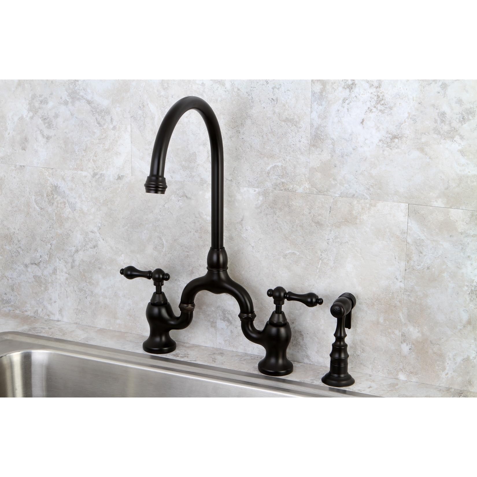 Kingston Brass Vintage High-spout Oil Rubbed Bronze Bridge Kitchen Faucet with Side Sprayer