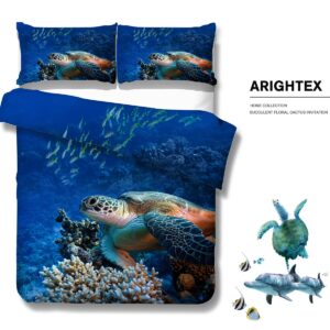 ARIGHTEX Sea Turtle Bedding Blue 3D Turtle Duvet Cover Ocean Coral Fish Bed Set for Teens Boys Kids Girls 3-Piece Sea Life Comforter Cover Full Set