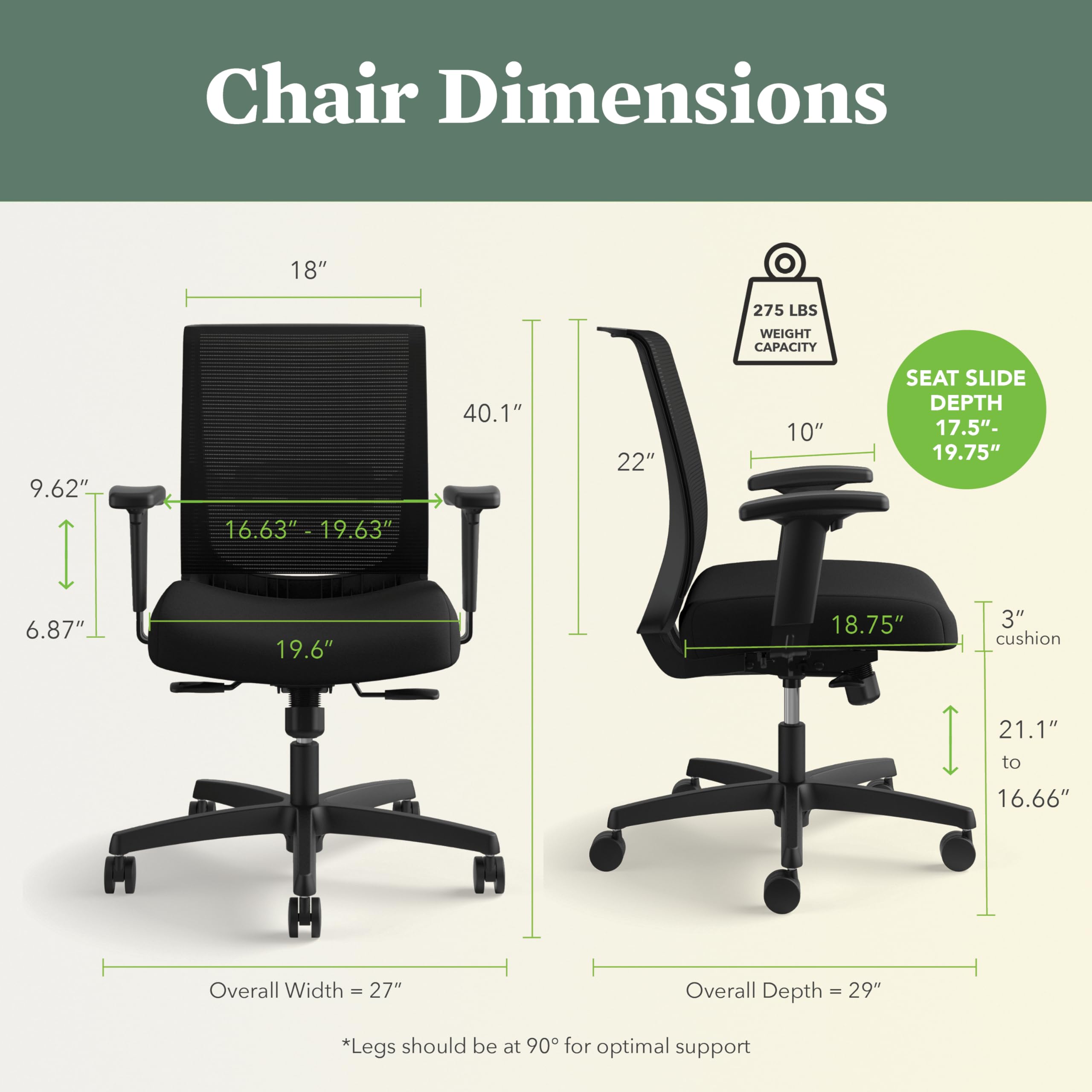 HON Convergence Ergonomic Office Chair Back Support Mesh Computer Chair - Home Office Desk Chairs with Adjustable Arms, Lumbar Support, Rolling Swivel Wheels, Tilt Recline - Black Vinyl