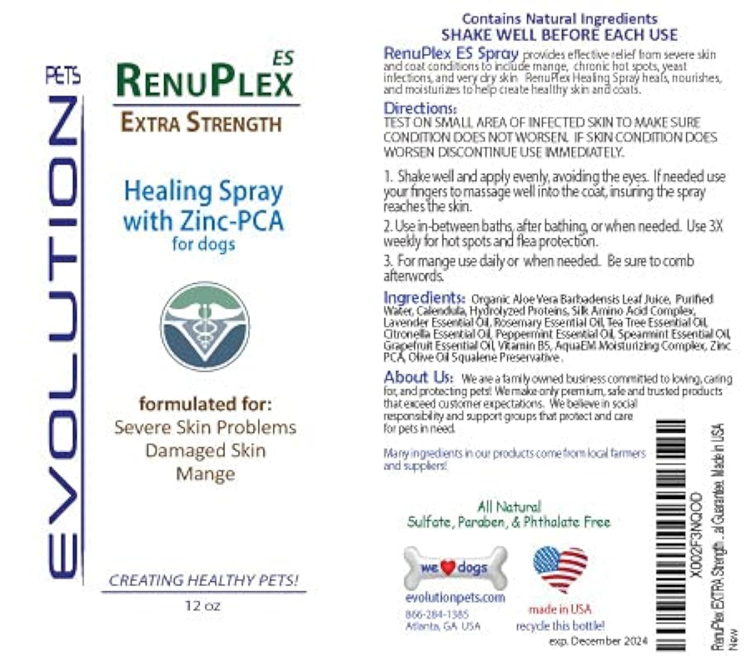 RenuPlex Extra Strength Dog Healing Spray for Dog Hot Spots, Mange, Dog Skin Problems. Made in USA