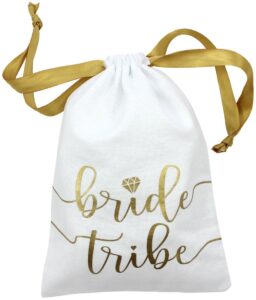 10pc bride tribe drawstring bags w/satin ribbon, 7x5” - cotton pouch for bridesmaids, bachelorette, bridal party, bridal shower, wedding favor, survival kit, hangover kit (10pc pack, white & gold)