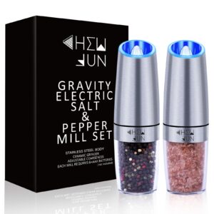 gravity salt and pepper grinder set with adjustable coarseness automatic pepper and salt mill set battery powered with blue led light,one hand operated,brushed stainless steel by chew fun