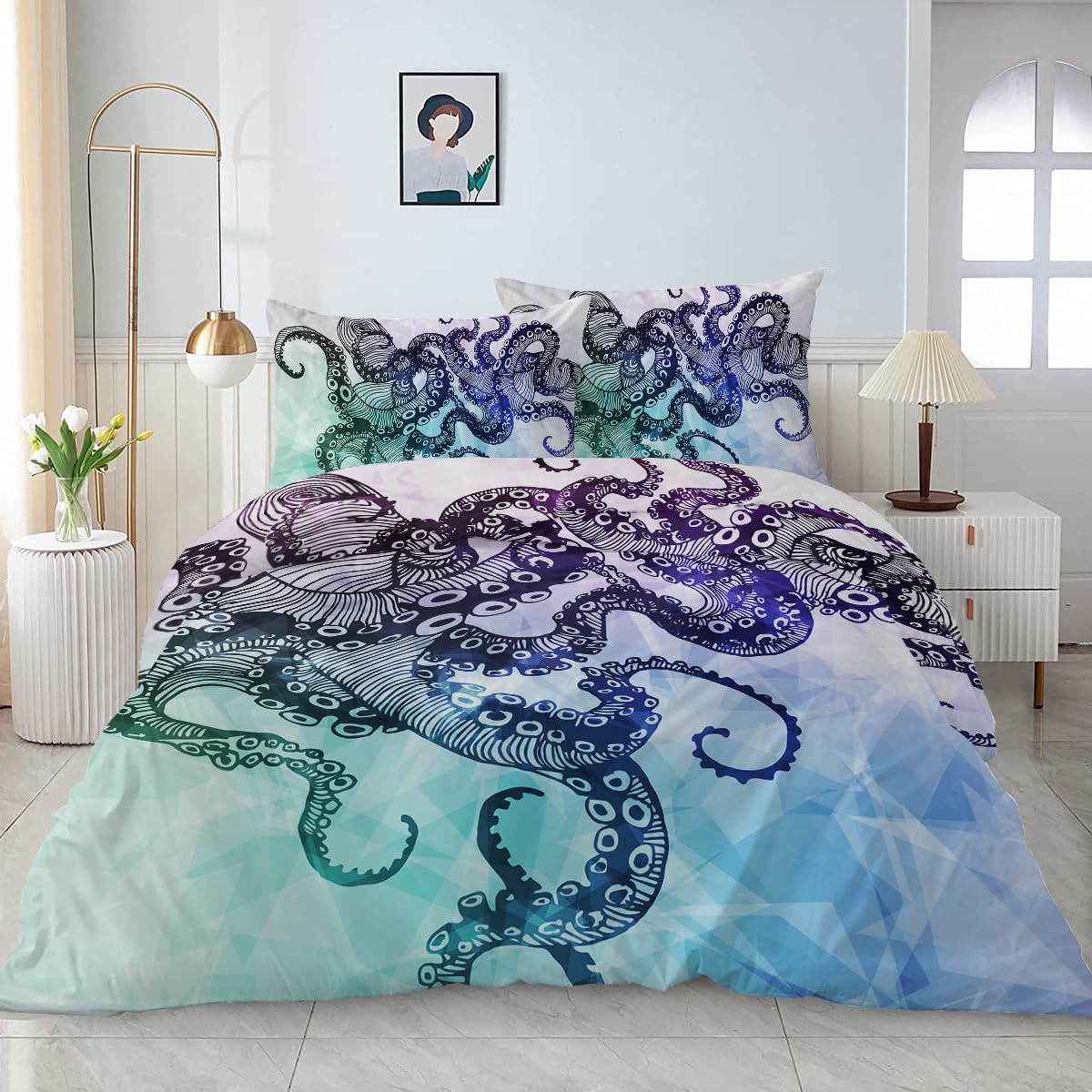 ARIGHTEX Octopus Bedding 3D Ocean Fish Duvet Cover Octopus and Octopus Feet Reversible Duvet Cover Set (Full)