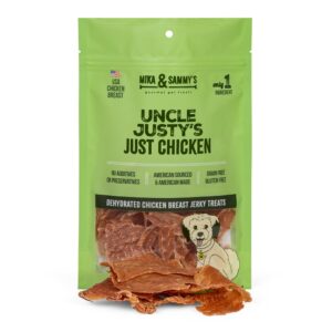 gourmet jerky dog treats - natural dog treat chicken jerky for dogs, nutritious and tasty dog jerky treats made in usa only, cage-free chicken, no additives(mika & sammy's unlcle justy's 5 oz)