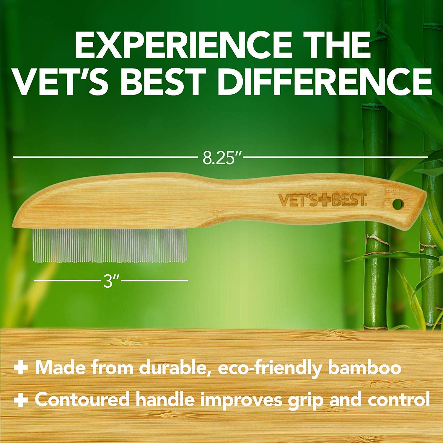 Vet's Best Flea Comb | Real Bamboo with Contour Grip Handle | for Dogs and Cats