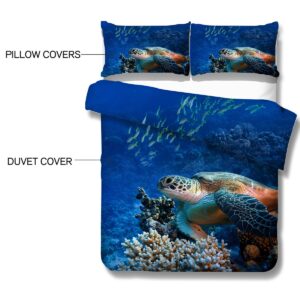 ARIGHTEX Sea Turtle Bedding Blue 3D Turtle Duvet Cover Ocean Coral Fish Bed Set for Teens Boys Kids Girls 3-Piece Sea Life Comforter Cover Full Set