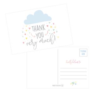 50 4x6 rain clouds blank thank you postcards bulk, cute modern baby shower sprinkle rainbow showered with love thank you note card stationery for wedding bridesmaid bridal, religious, holiday