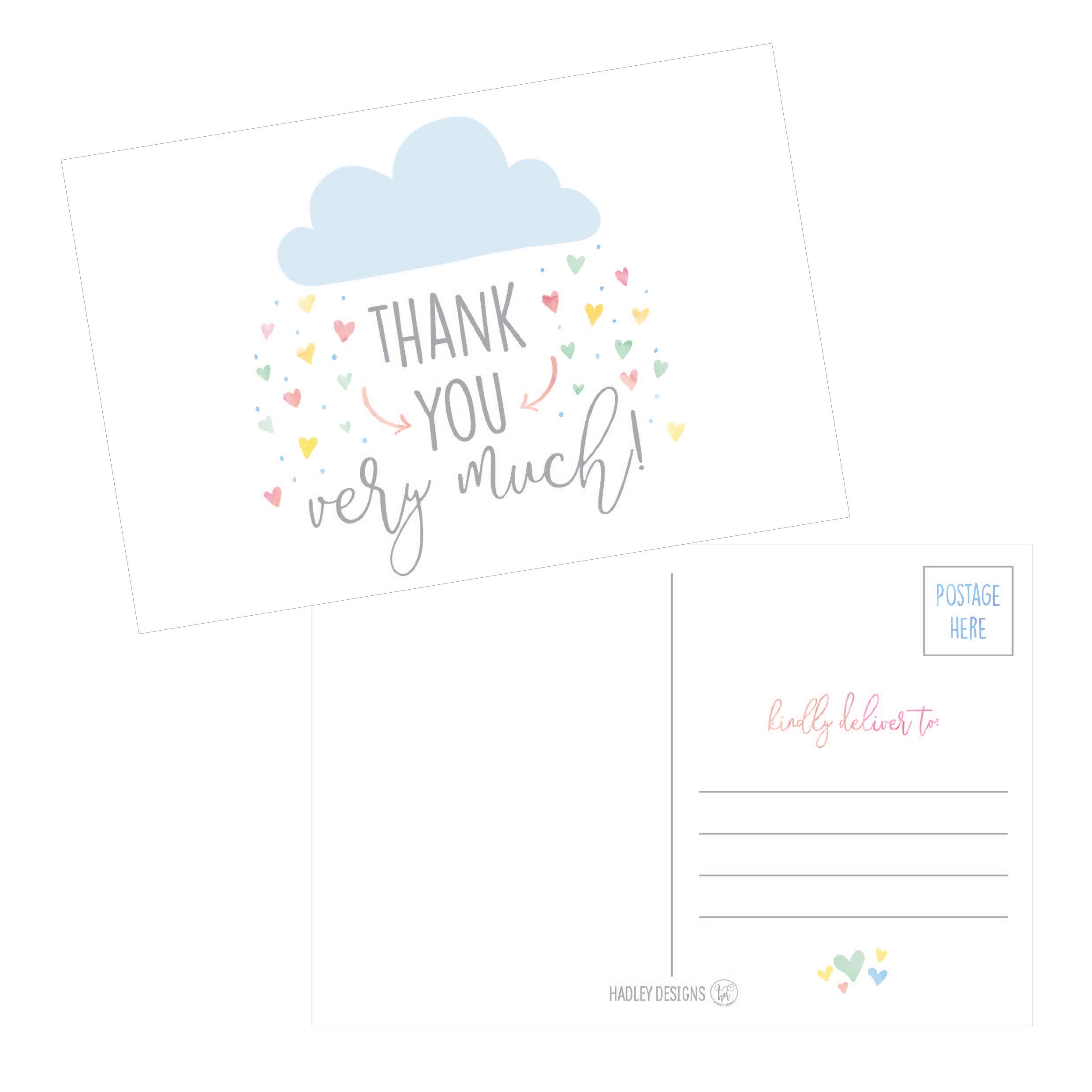 50 4x6 Rain Clouds Blank Thank You Postcards Bulk, Cute Modern Baby Shower Sprinkle Rainbow Showered With Love Thank You Note Card Stationery For Wedding Bridesmaid Bridal, Religious, Holiday