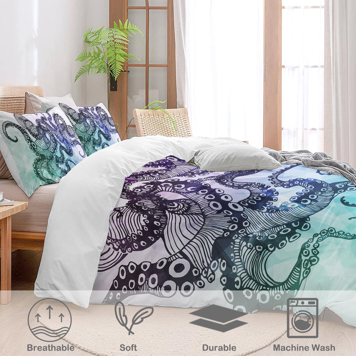 ARIGHTEX Octopus Bedding 3D Ocean Fish Duvet Cover Octopus and Octopus Feet Reversible Duvet Cover Set (Full)