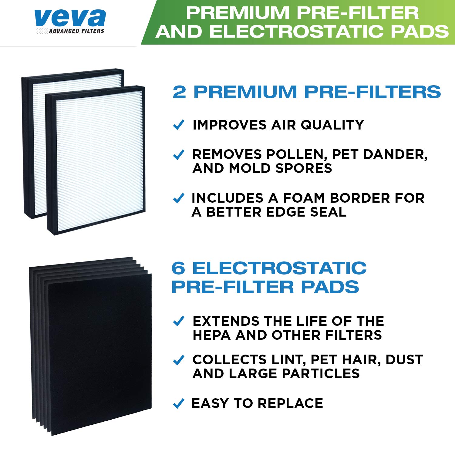 VEVA Premium 2 HEPA Replacement Filter Pack with 6 Activated Carbon Pre Filters to Stop Smoke Odor Dust for Blueair 200/300 Series Models 201, 203, 205, 215B, 250E, 270E, 303 Air Purifiers