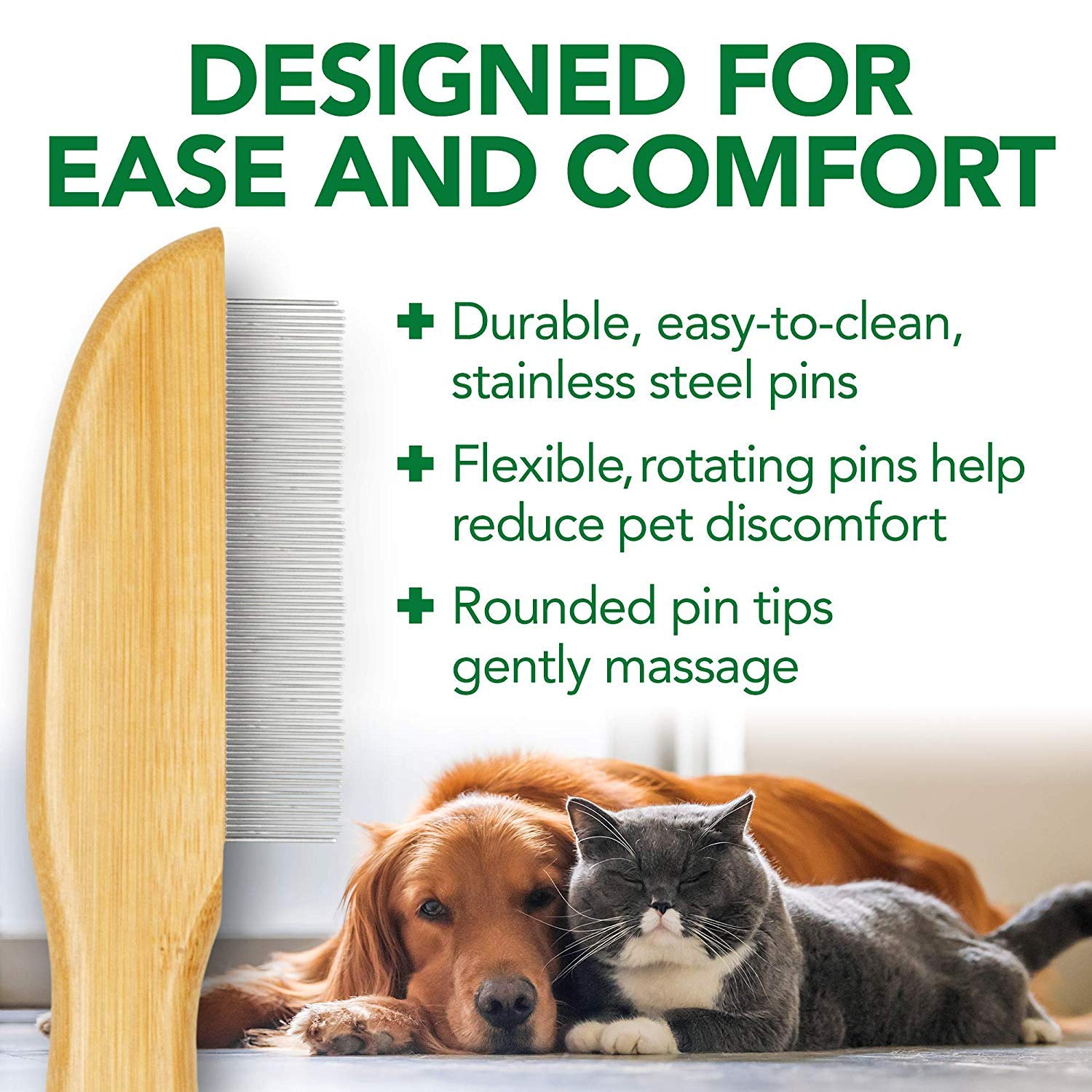 Vet's Best Flea Comb | Real Bamboo with Contour Grip Handle | for Dogs and Cats