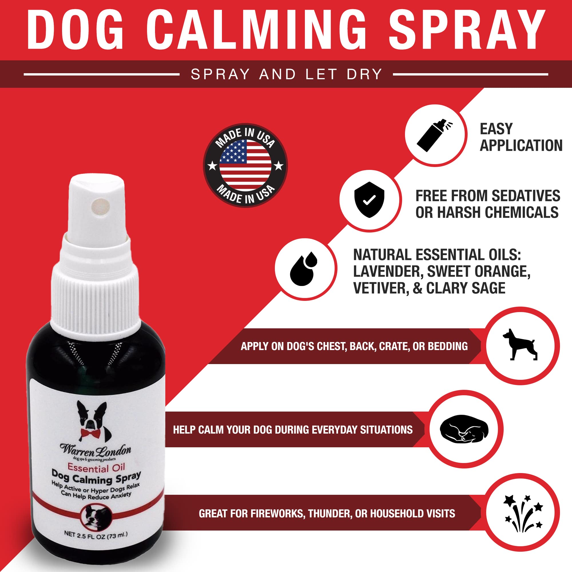 Warren London Premium Essential Oil All Natural Dog Calming Spray, Relaxes and Provides Anti-Anxiety Relief for Hyper Active Dogs | Made in USA