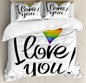 ambesonne pride duvet cover set, i love you letters polygonal effect rainbow color heart gay lesbian couples, decorative 3 piece bedding set with 2 pillow shams, queen size, black rainbow