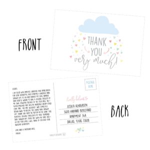 50 4x6 Rain Clouds Blank Thank You Postcards Bulk, Cute Modern Baby Shower Sprinkle Rainbow Showered With Love Thank You Note Card Stationery For Wedding Bridesmaid Bridal, Religious, Holiday