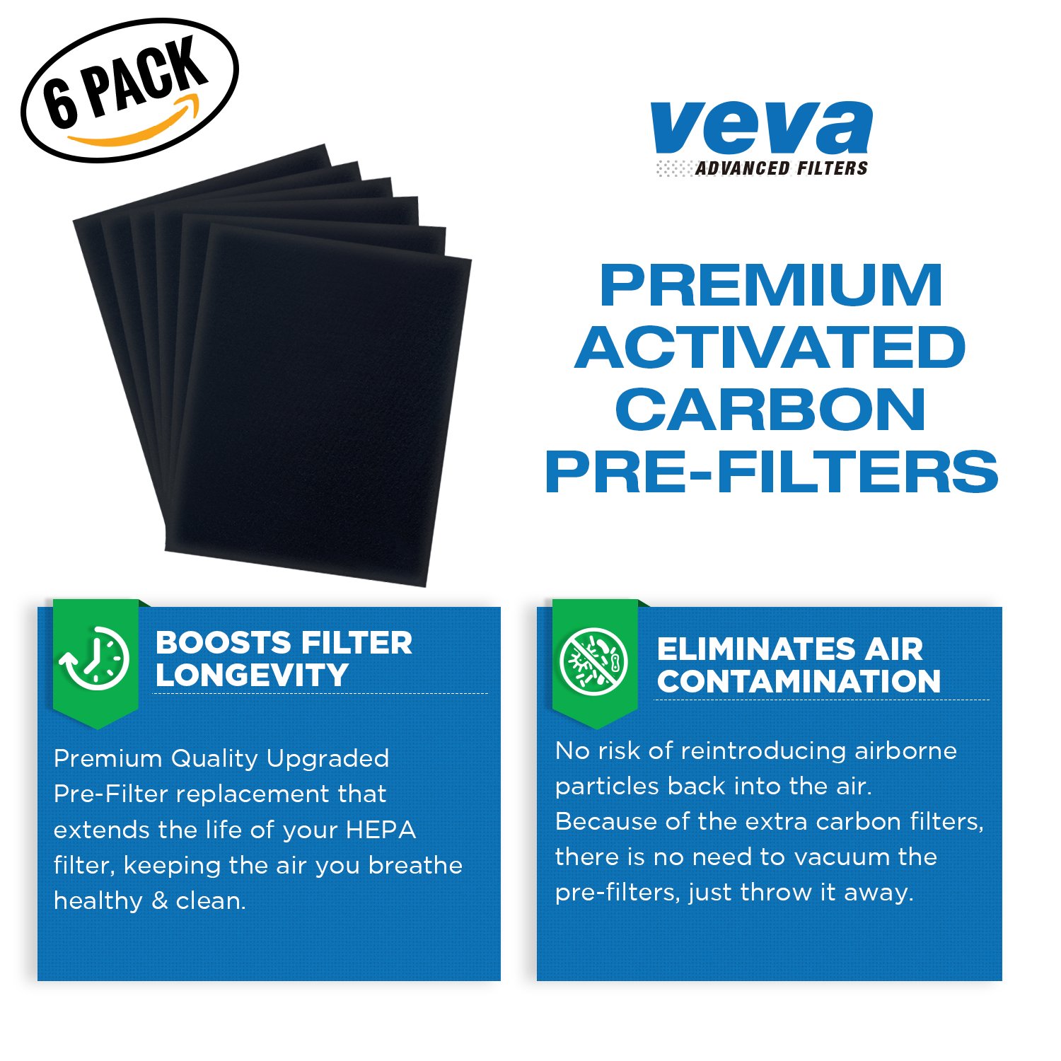 VEVA Premium 2 HEPA Replacement Filter Pack with 6 Activated Carbon Pre Filters to Stop Smoke Odor Dust for Blueair 200/300 Series Models 201, 203, 205, 215B, 250E, 270E, 303 Air Purifiers