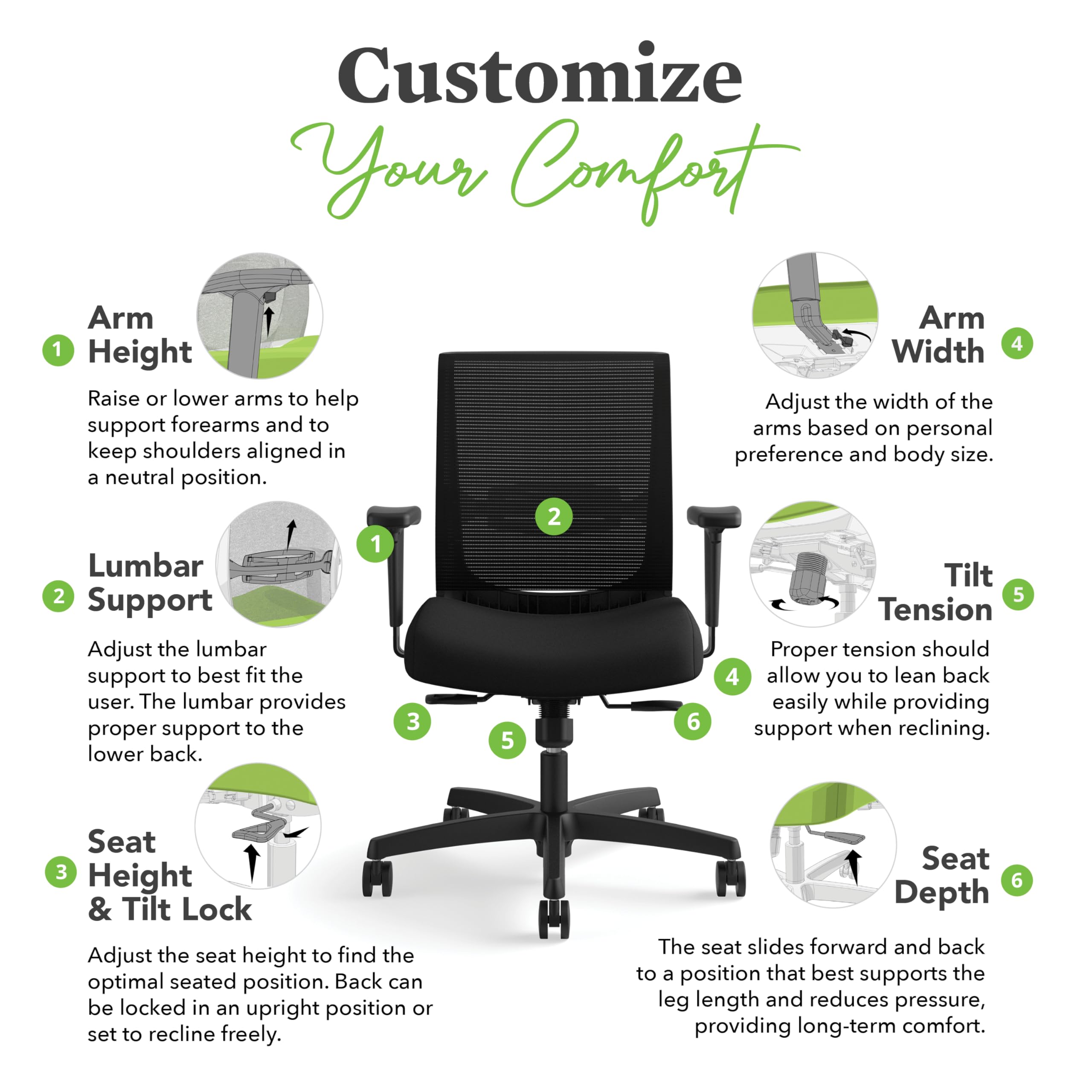 HON Convergence Ergonomic Office Chair Back Support Mesh Computer Chair - Home Office Desk Chairs with Adjustable Arms, Lumbar Support, Rolling Swivel Wheels, Tilt Recline - Black Vinyl