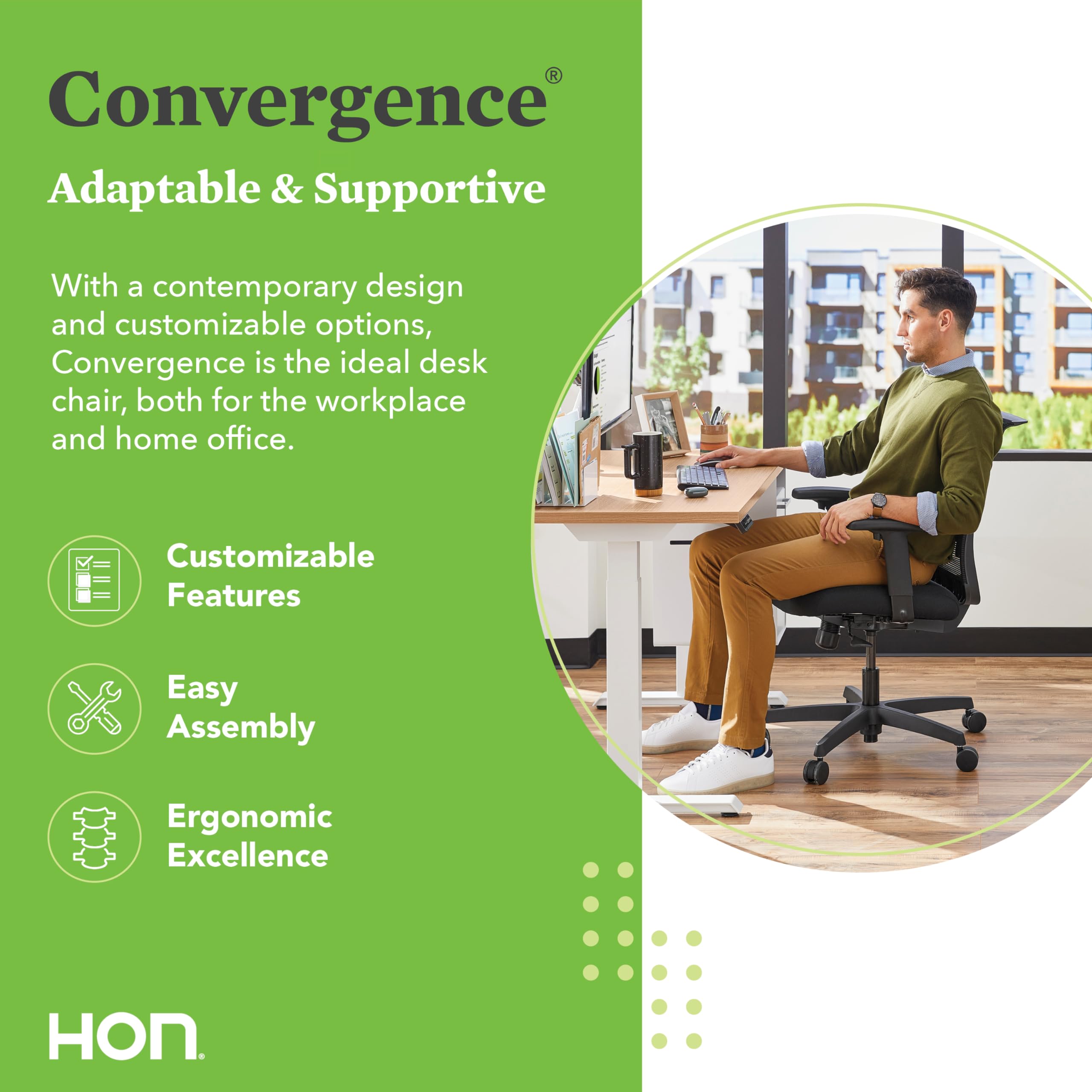 HON Convergence Ergonomic Office Chair Back Support Mesh Computer Chair - Home Office Desk Chairs with Adjustable Arms, Lumbar Support, Rolling Swivel Wheels, Tilt Recline - Black Vinyl