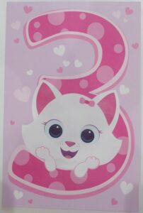 happy birthday 3 years old greeting card - third three 3rd pink cat darling